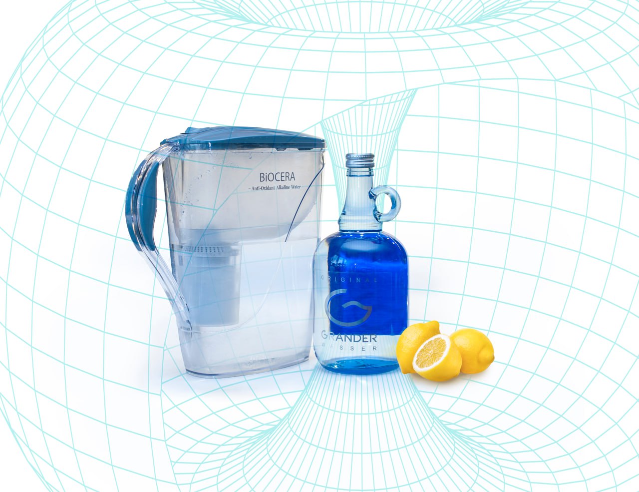 Biocera Alkaline Water Jug with single bottle of Grander Blue Water ...